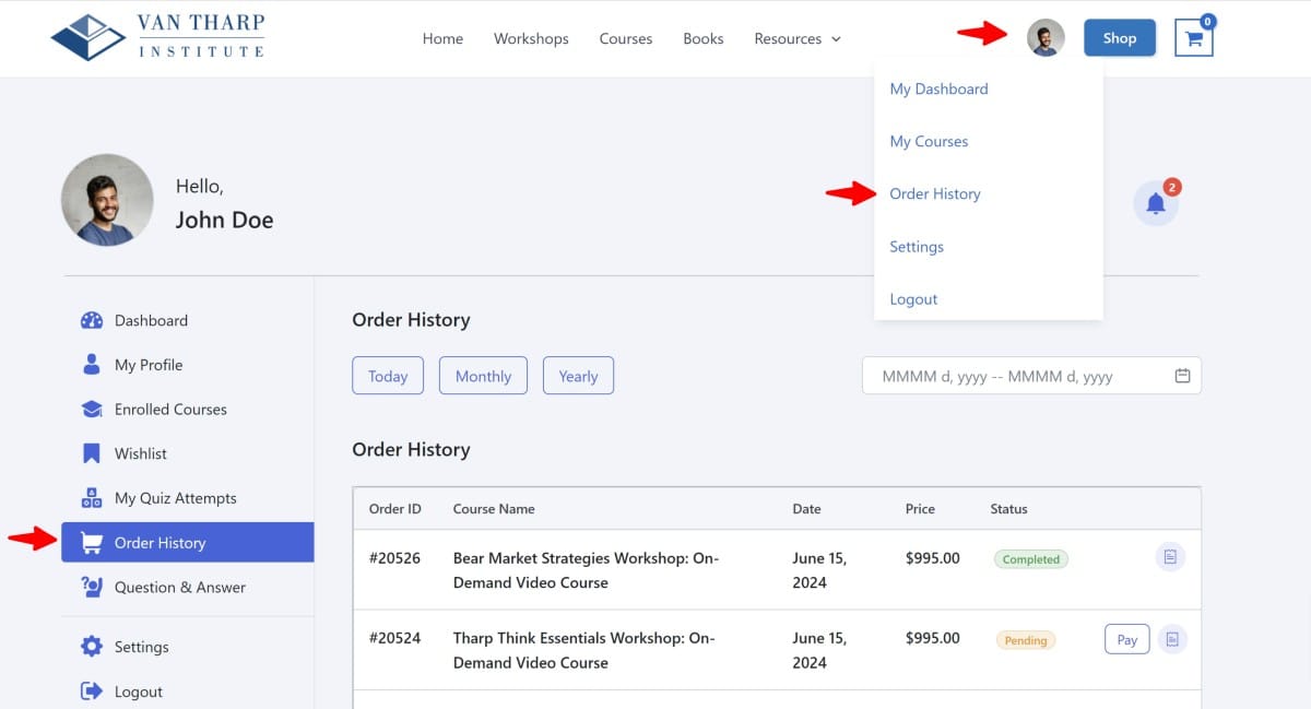 How to view my order history and pay any pending invoices? | Van Tharp ...